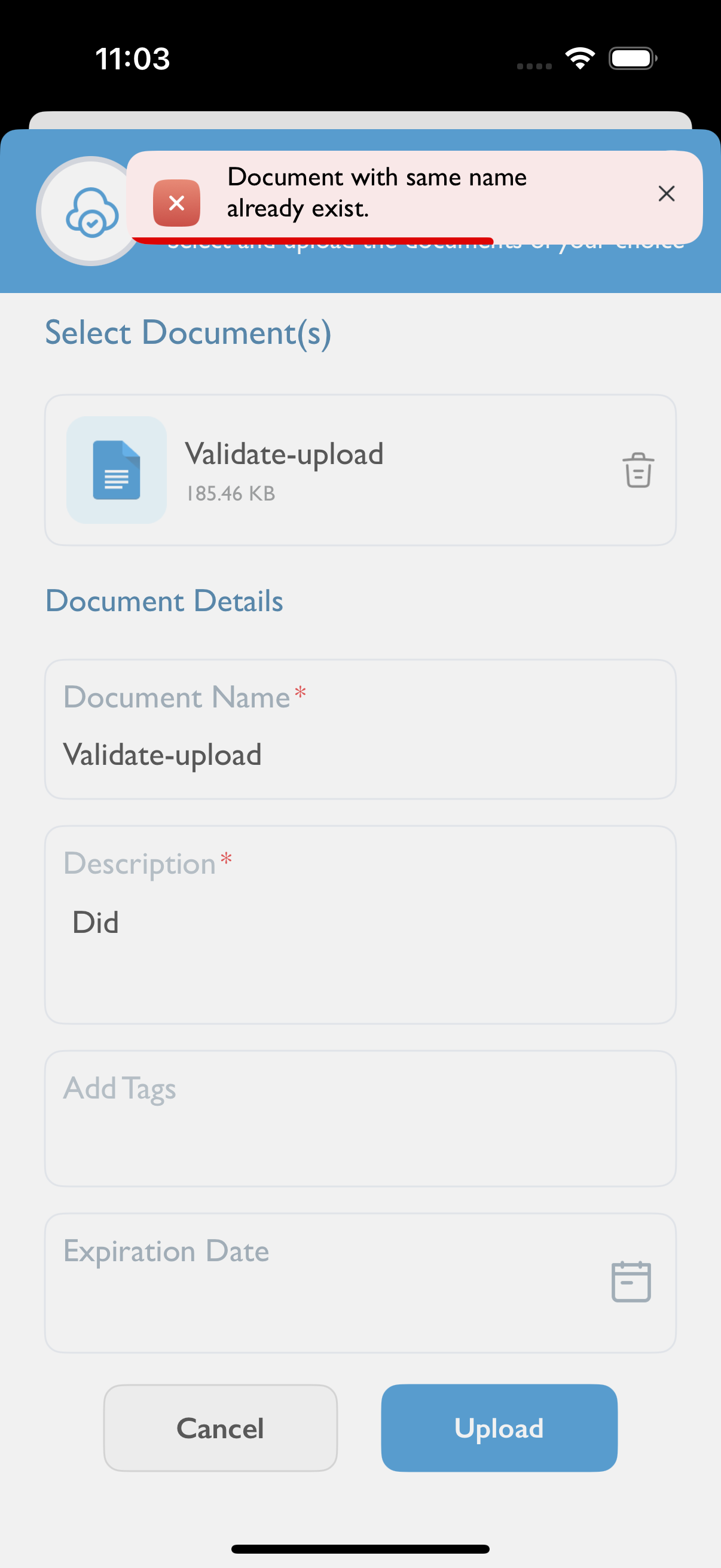 Bug #4802: Document (Upload): When uploading a document, if an existing Document name is entered ...